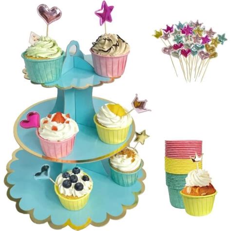 1 Présentoir À Cupcake À 3 Étages En Carton Bleu 30 Moules À Muffins