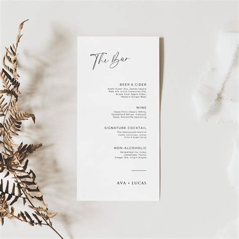 Modern Bar Menu Cards Elegant Wedding Signature Drinks List