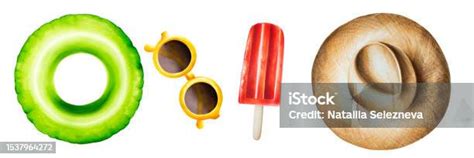 밀짚모자 막대기에 아이스크림 수영을 위한 원 선글라스를 쓴 수채화 세트 열대 과일은 흰색 배경에 분리되어 있다 디자이너 스파 장식 엽서 결혼식 인사말 배경 화면 포장지