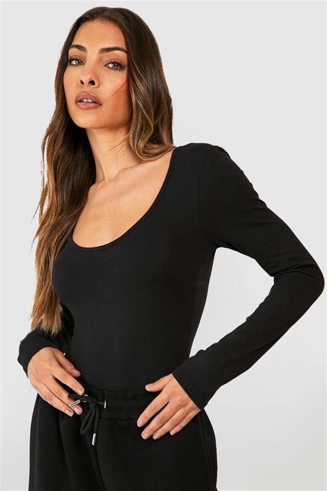 Basic Long Sleeve Cotton Mix Scoop Neck Bodysuit Boohoo