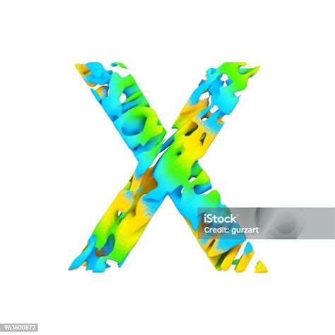 알파벳 X 대문자 편지입니다 파랑 녹색 및 노란 얼룩 페인트 액체 글꼴에 의하여 이루어져 있다 3d 렌더링에 고립 된 흰색 배경 0명에 대한 스톡 사진 및 기타 이미지