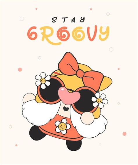 Niedliche groovige retro gnome mädchen cartoon umrisszeichnung vektor