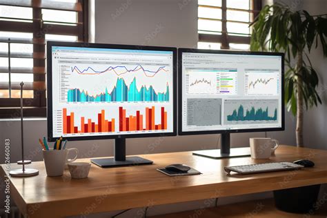 In An Office Setting Dual Computer Monitors Display A Complex Sales