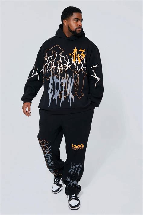 Mens Plus Gothic Graffiti Hooded Tracksuit Boohoo Uk