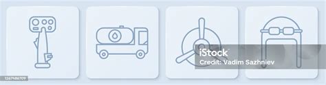 세트 라인 항공기 스티어링 헬멧 비행기 프로펠러 연료 유조선 트럭 과 고글과 에비에이터 모자 흰색 정사각형 버튼 벡터 가죽에 대한 스톡 벡터 아트 및 기타 이미지 Istock