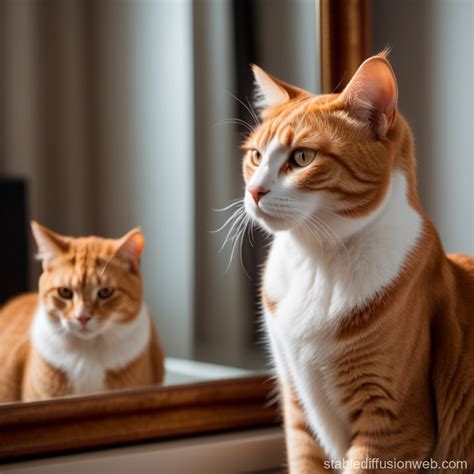 A Ginger And White Cat In Front Of A Mirror Thinking He Is A Lion Ready