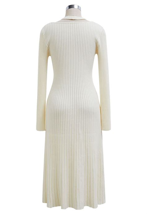 Cutout Neckline Ribbed Knit Midi Dress In Cream Retro Indie And