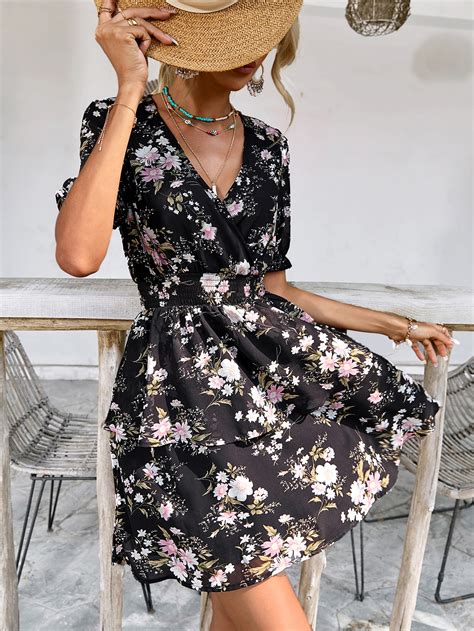 SHEIN LUNE Floral Print Puff Sleeve A Line Dress SHEIN USA