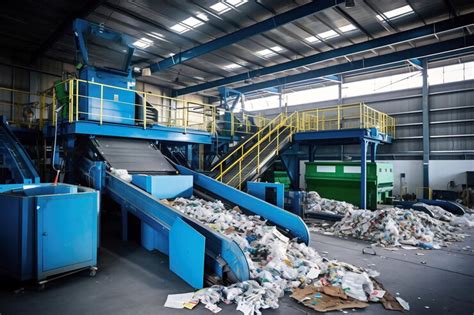 공장 내 쓰레기로 가득 찬 컨베이어 벨트 쓰레기 및 생활 쓰레기 처리 및 분류 공장 폐기물 처리 및 재활용 생태 자원의 2차 이용 프리미엄 사진