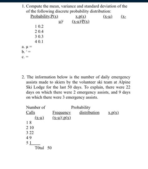 Solved 1 Compute The Mean Variance And Standard Deviation