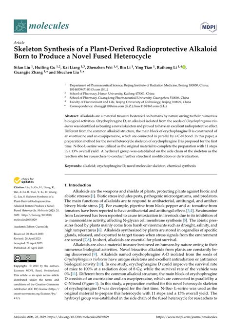 Pdf Skeleton Synthesis Of A Plant Derived Radioprotective Alkaloid Born To Produce A Novel