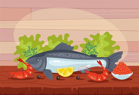 Makanan Sajian Ikan Seafood Di Atas Konsep Meja Dapur Ilustrasi Kartun