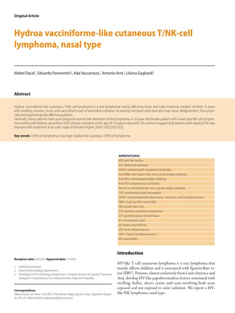 Pdf Hydroa Vacciniforme Like Cutaneous Tnk Cell Lymphoma Nasal Type