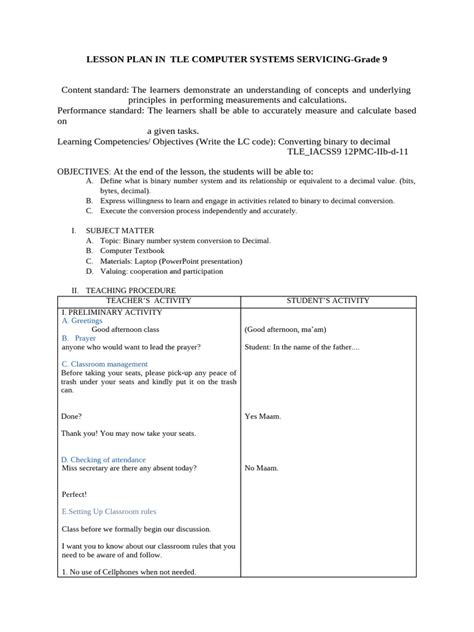 Lesson Plan In Binary Decimal Conversion Pdf Bit Arithmetic