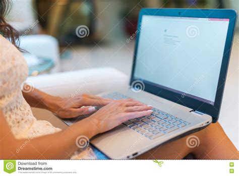 Female Hands On Keyboard With Opened Web Page In Browser At Screen Cropped Image Of Woman