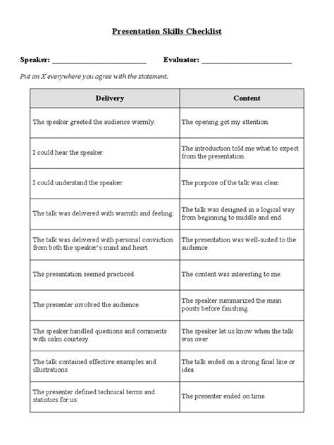 Presentation Skills Checklist Speaker Evaluator Download Free Pdf