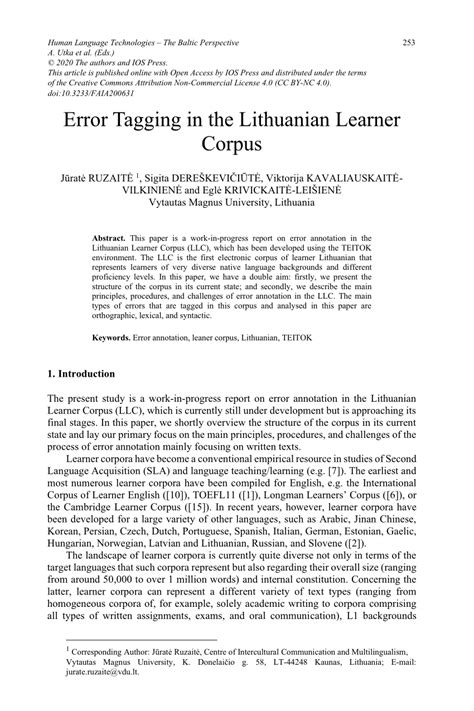 Pdf Error Tagging In The Lithuanian Learner Corpus