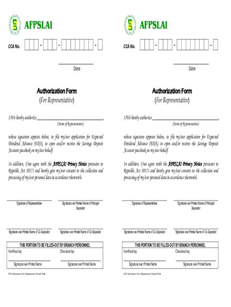 Fillable Online Authorization Form For Representative Afpslai Fax