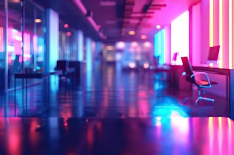 Premium Photo Modern Neon Cyberpunk Open Space Office Interior