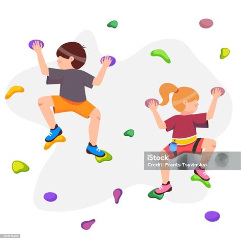 귀여운 소년과 소녀 암벽 등반가의 벡터 그림입니다 소년과 소녀가 하얀 배경에 고립된 갈고리를 들고 등반 벽을 오르는 만화 장면 암벽 등반에서 훈련 건강한 생활방식에 대한