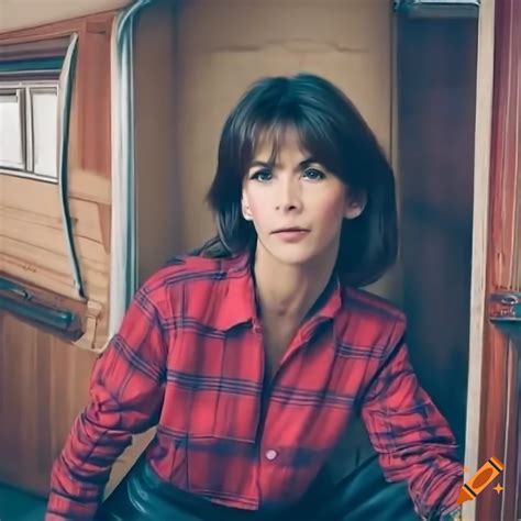Portrait Of A Woman In A Red Plaid Shirt Looking Out Of A Caravan Door