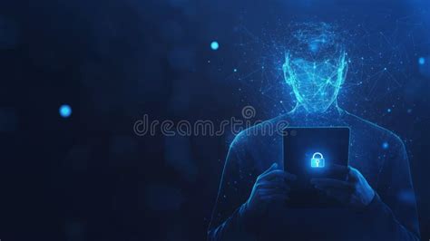 Abstract Digital Figure Holding A Tablet With A Glowing Lock Icon