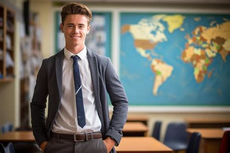 A Young Man Wearing A Suit And Tie Stands In Front Of A World Map