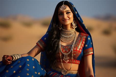 Mujer en un entorno desértico de rajasthan con espejos lehenga amplificando su encanto real