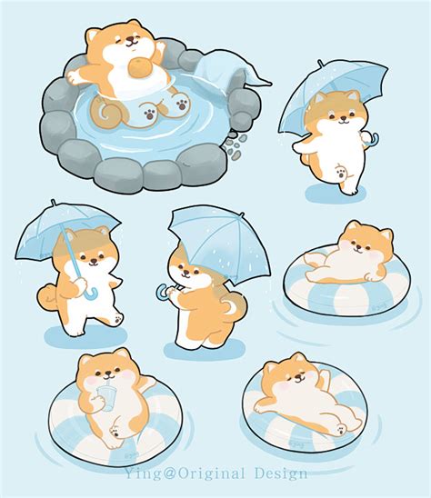 蓝色系柴犬，下雨打伞的柴犬，泳圈柴犬，ying