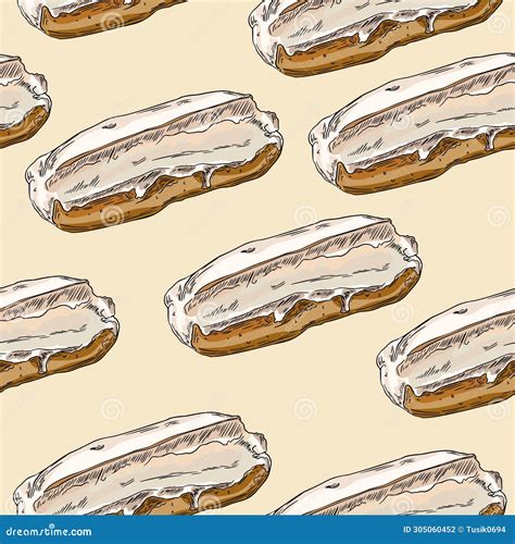 Classic Eclair Hand Drawn Sketch Seamless Pattern Stock Vector