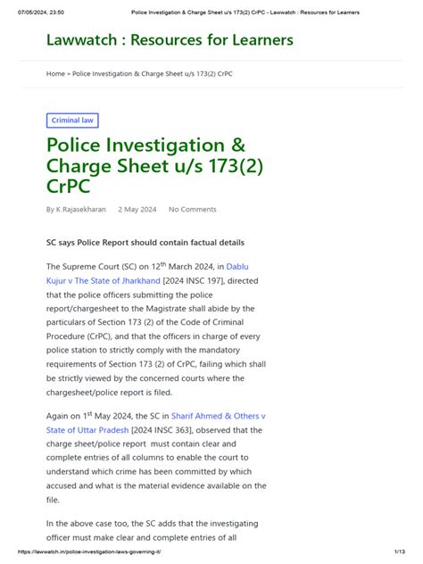 Police Investigation And Charge Sheet U S 173 2 Crpc Lawwatch