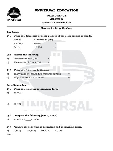 Chapter 1 Large Numbers Mathematics Grade 5 Caie 2023 24 Download Free Pdf