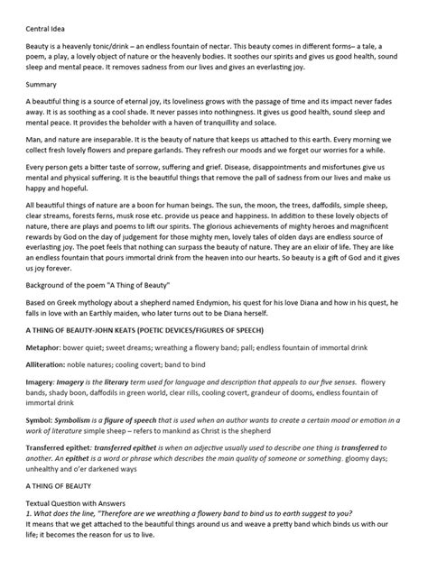 a thing of beauty summary explanation reference to context and additional questions and