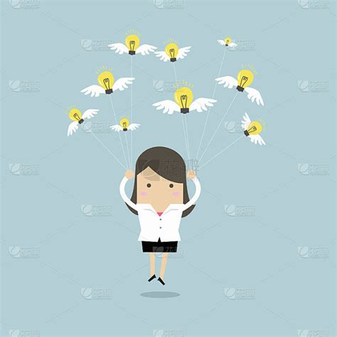 女商人飞与想法灯泡。