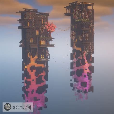 Two Tall Buildings In The Middle Of Water With Pink And Purple Flowers