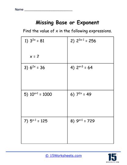 Missing Base Or Exponent Worksheets 15