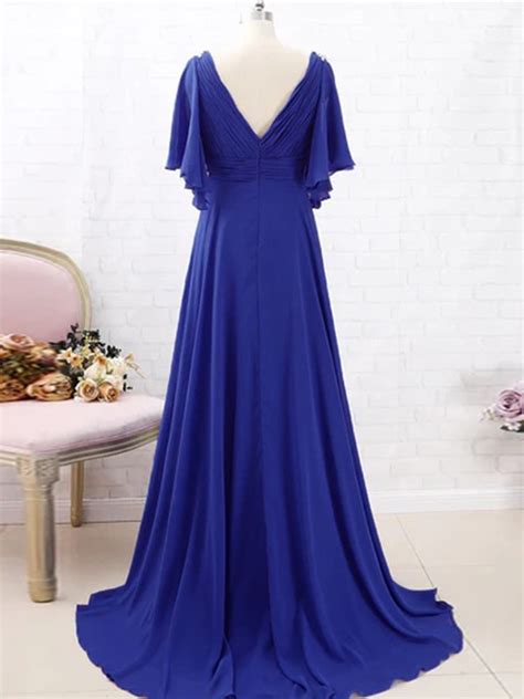 A Line Princess Chiffon Beading V Neck Short Sleeves Sweep Brush Train Mother Of The Bride