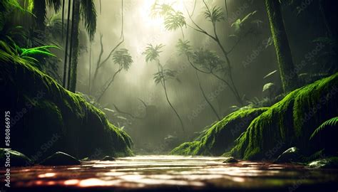 Jurassic Period Landscape With Roaring Dinosaur In A Wet Tropical