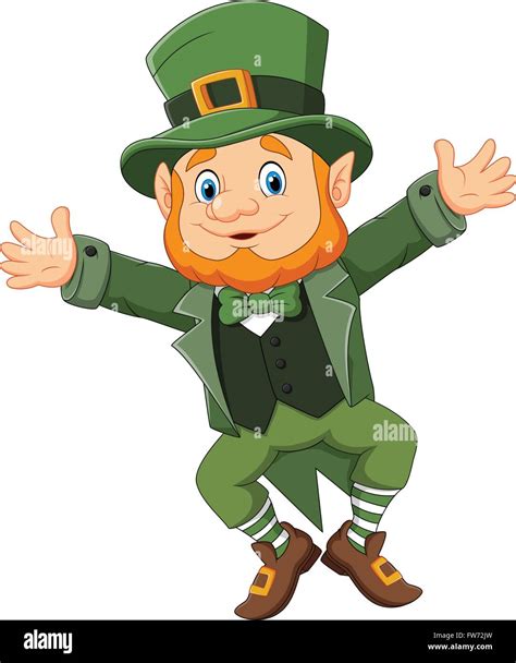 Cartoon Happy Leprechaun Waving Hands And Jumping On White Background