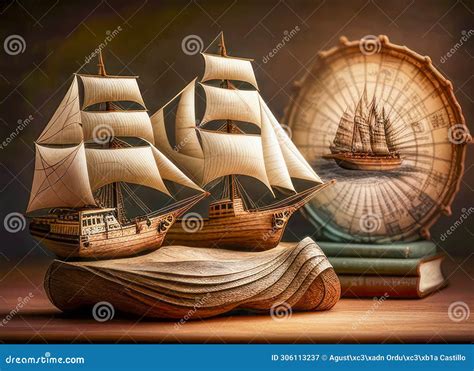 Vintage Nautical Exploration With Model Ships And Globe Stock Image