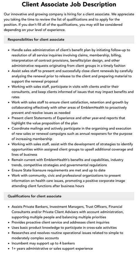 Client Associate Job Description Velvet Jobs