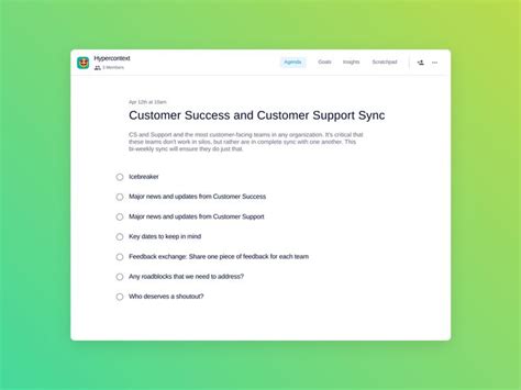 Customer Success And Customer Support Sync Template 7 Topics And Ideas Hypercontext