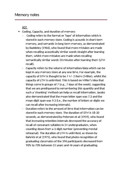 Memory Notes Memory Notes A Coding Capacity And Duration Of Memory