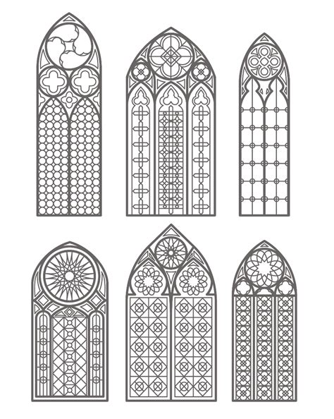 Gothic Windows Outline Set Silhouette Of Vintage Stained Glass Church
