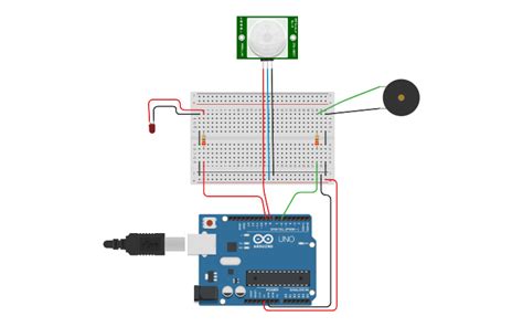 Circuit Design Projeto Sensor Pir Buzzer Led Tinkercad