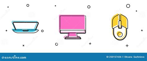 Set Laptop Computer Monitor Screen And Mouse Icon Vector Stock