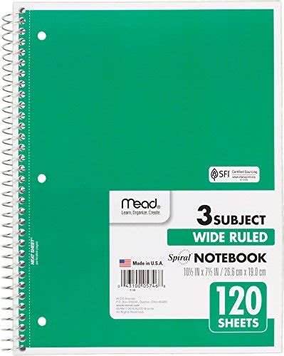 Mead 75698 Spiral Notebook Wide Ruled 3 Subject 120 Sheets 10 5 X