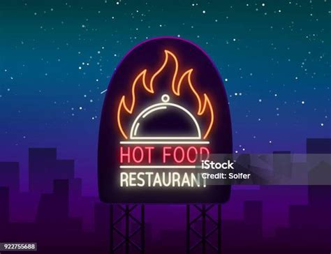 뜨거운 음식 레스토랑 네온 사인 로고의 로고 상징 벡터 일러스트 레이 션을 격리 밝은 빛나는 간판 이 로고는 레스토랑 매운 요리