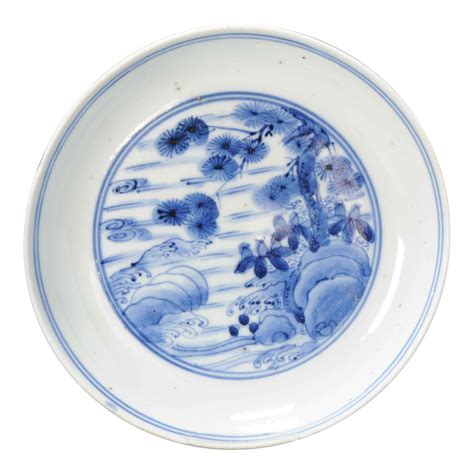 Edo Period Ko Imari Japanese Porcelain Dish Arita Landscape Waves Ca