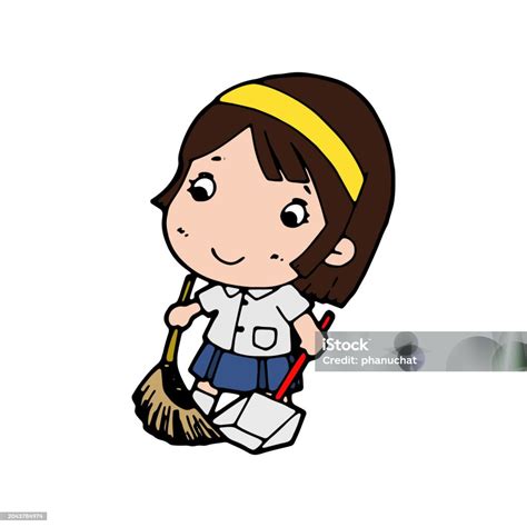 학교 교실을 청소하는 태국 학생 귀여운 만화 Kawaii 벡터 일러스트 레이 션 교복에 대한 스톡 벡터 아트 및 기타 이미지